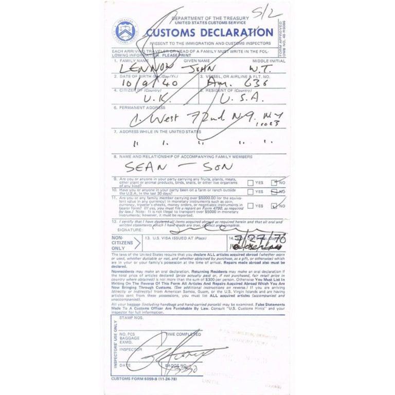 John Lennon Autograph on Customs Declaration at 1stDibs
