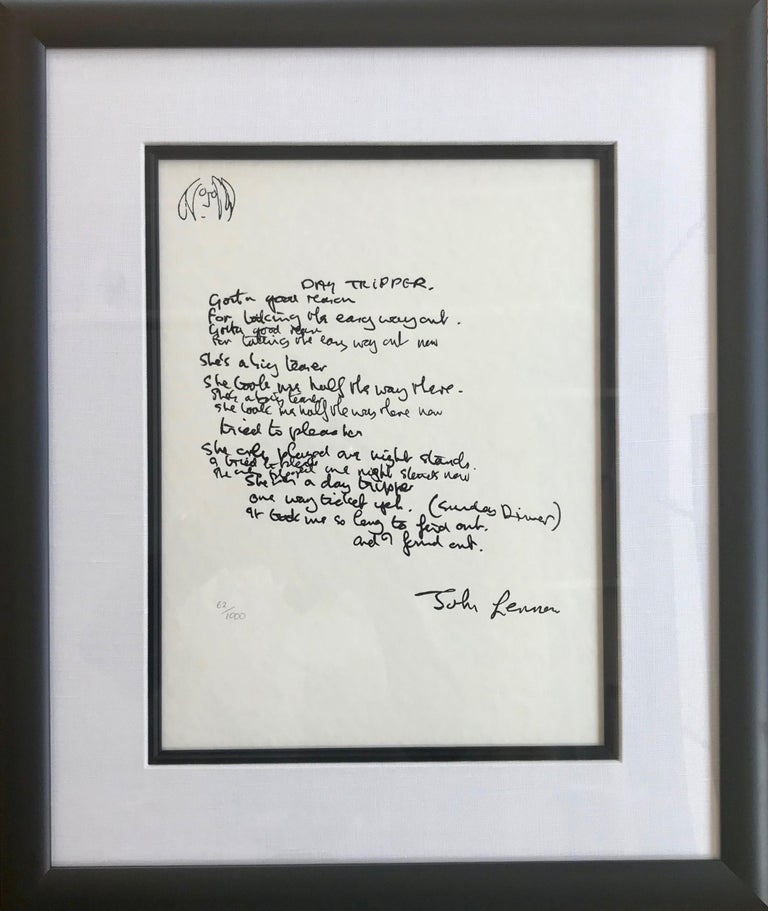 John Lennon - "Day Tripper" Limited Edition Hand Written Lyrics at 1stDibs