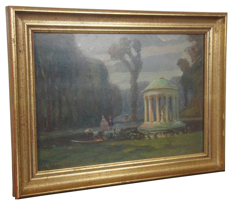 John Rettig Antique Oil on Board Rotunda Garden Landscape Figures ...