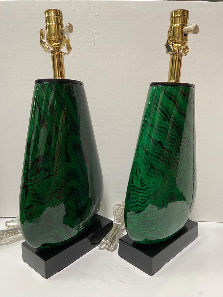 John Richard Faux Malachite Wood Table Lamps, Converted and Wired, a ...