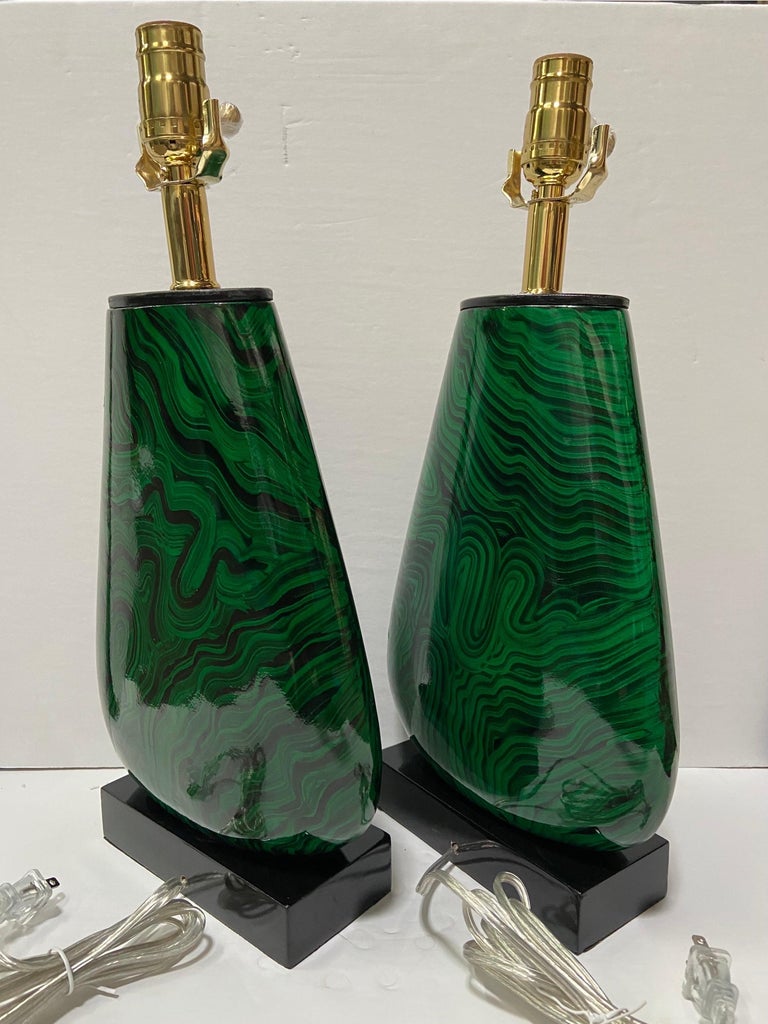 John Richard Faux Malachite Wood Table Lamps, Converted and Wired, a ...
