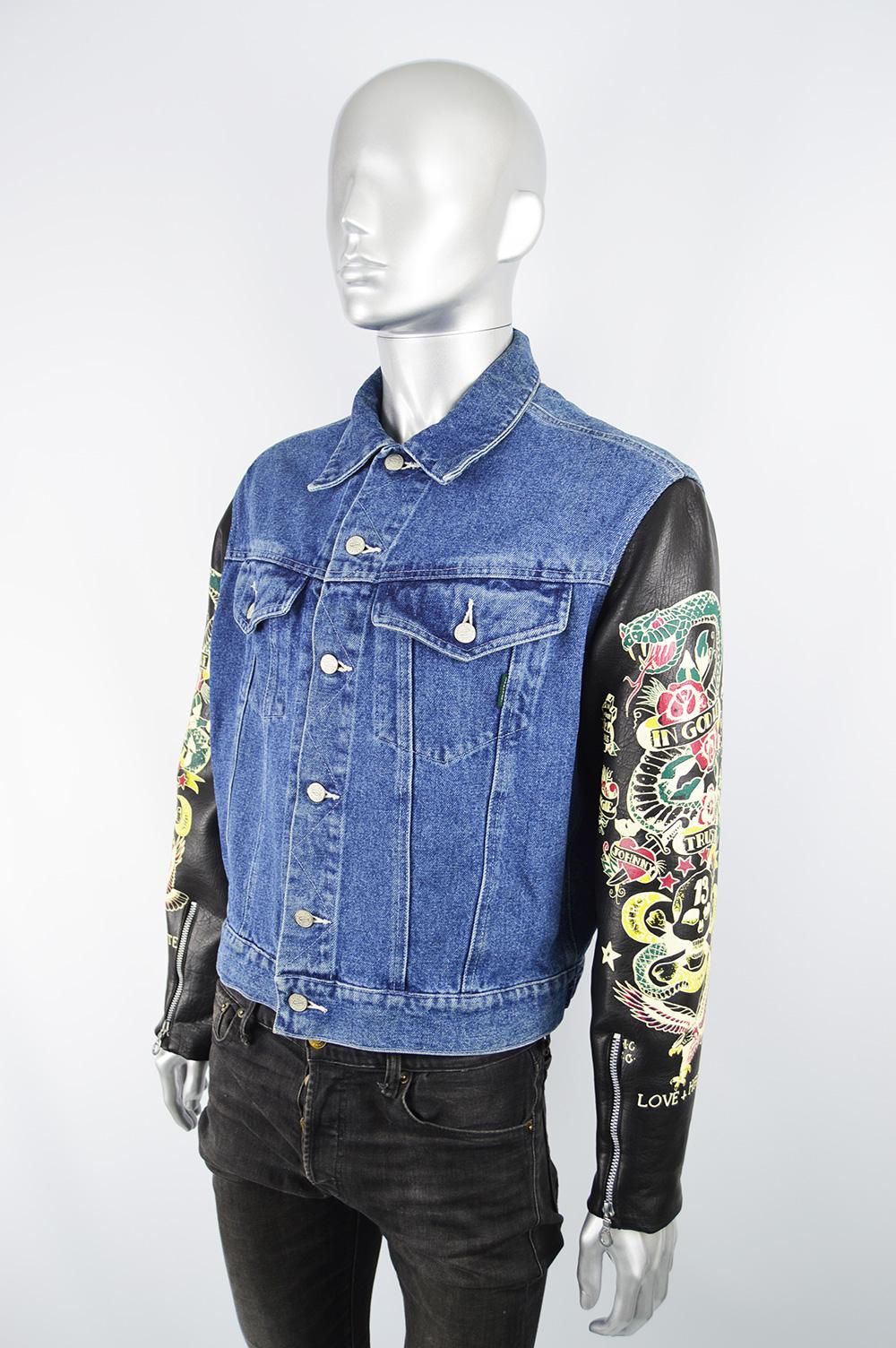 John Richmond Destroy Men's Faux Leather Tattoo Sleeved Denim Jacket ...