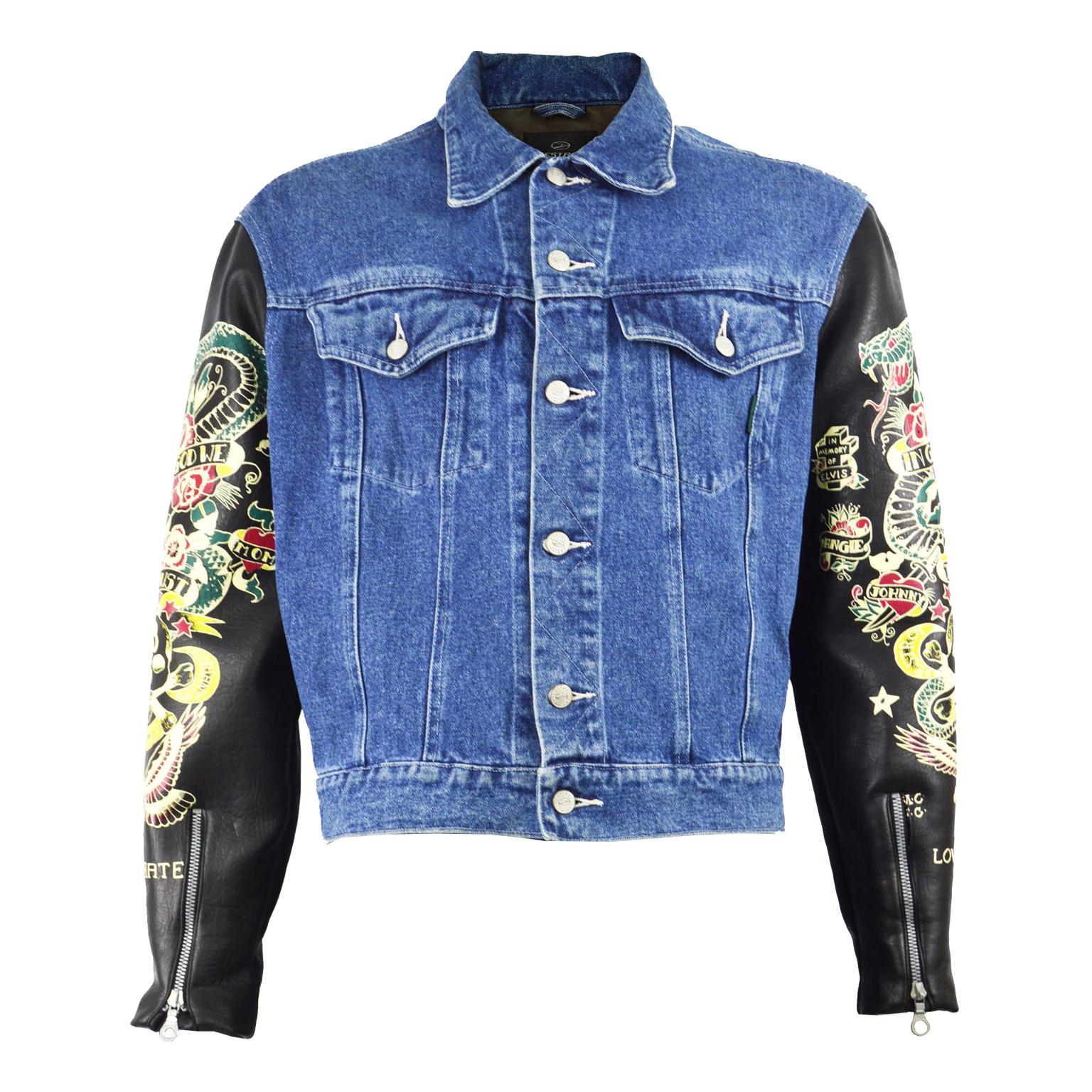 John Richmond Destroy Men's Faux Leather Tattoo Sleeved Denim Jacket ...