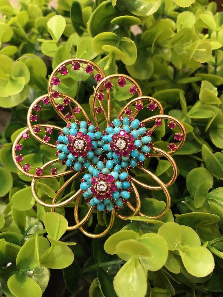 John Rubel Diamond, Ruby and Turquoise Clip Brooch and Earrings Suite ...