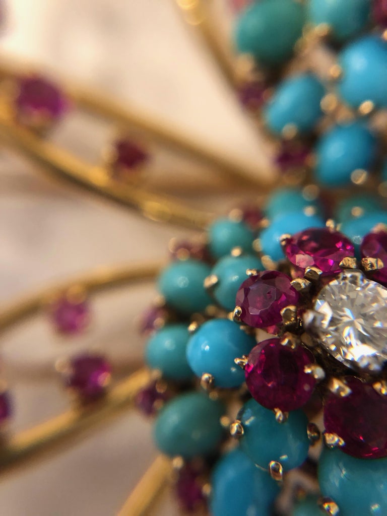 John Rubel Diamond, Ruby and Turquoise Clip Brooch and Earrings Suite ...