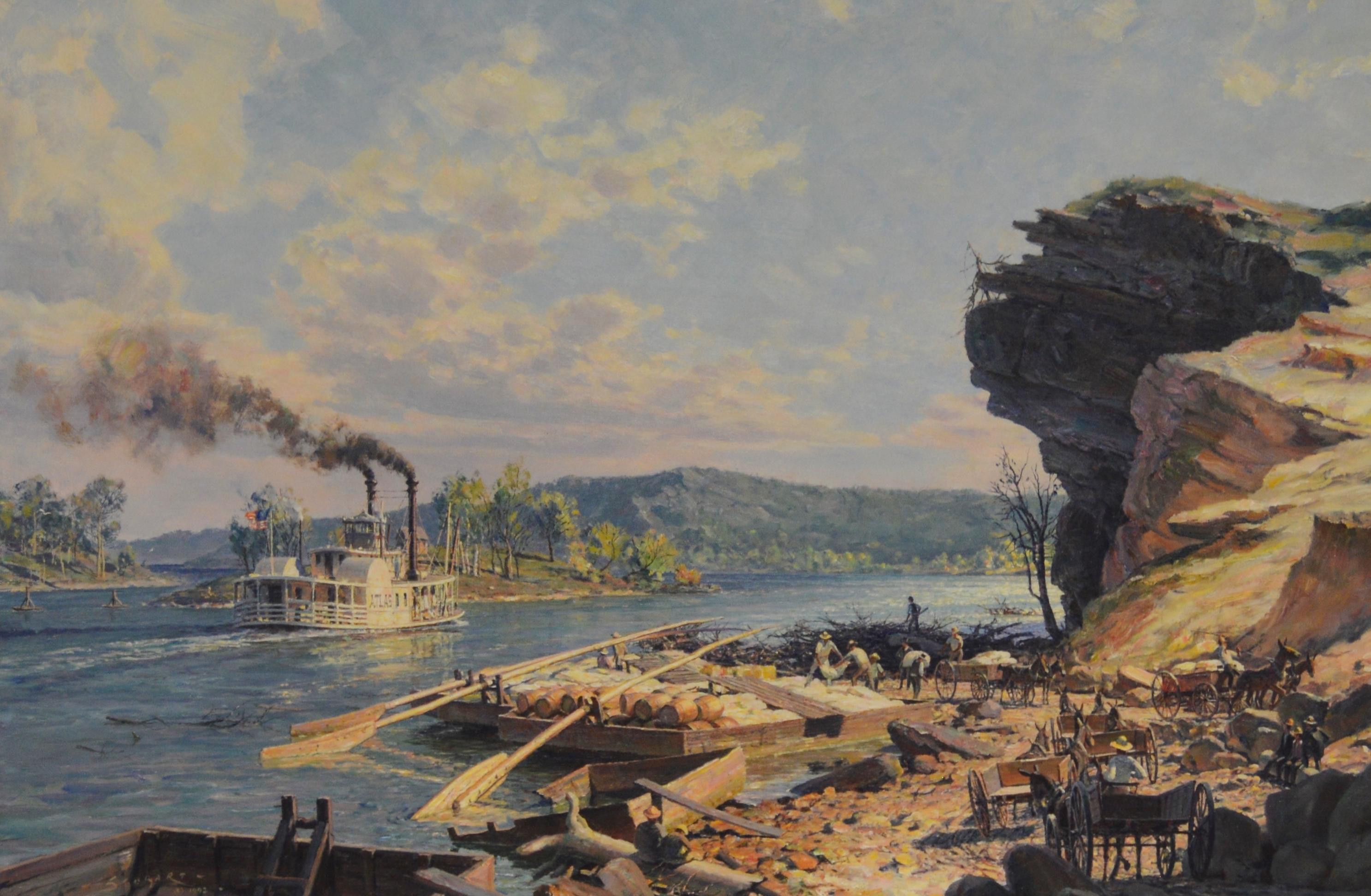 John Stobart - Chattanooga, Unloading Flatboats on the Tennessee River ...