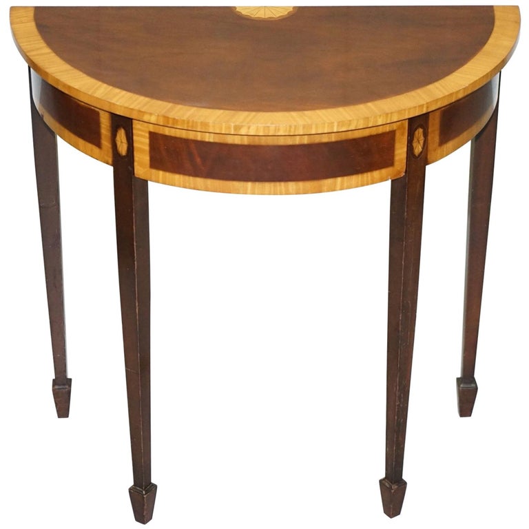 John Tanous Satinwood and Mahogany Sheraton Revival Demilune Console ...