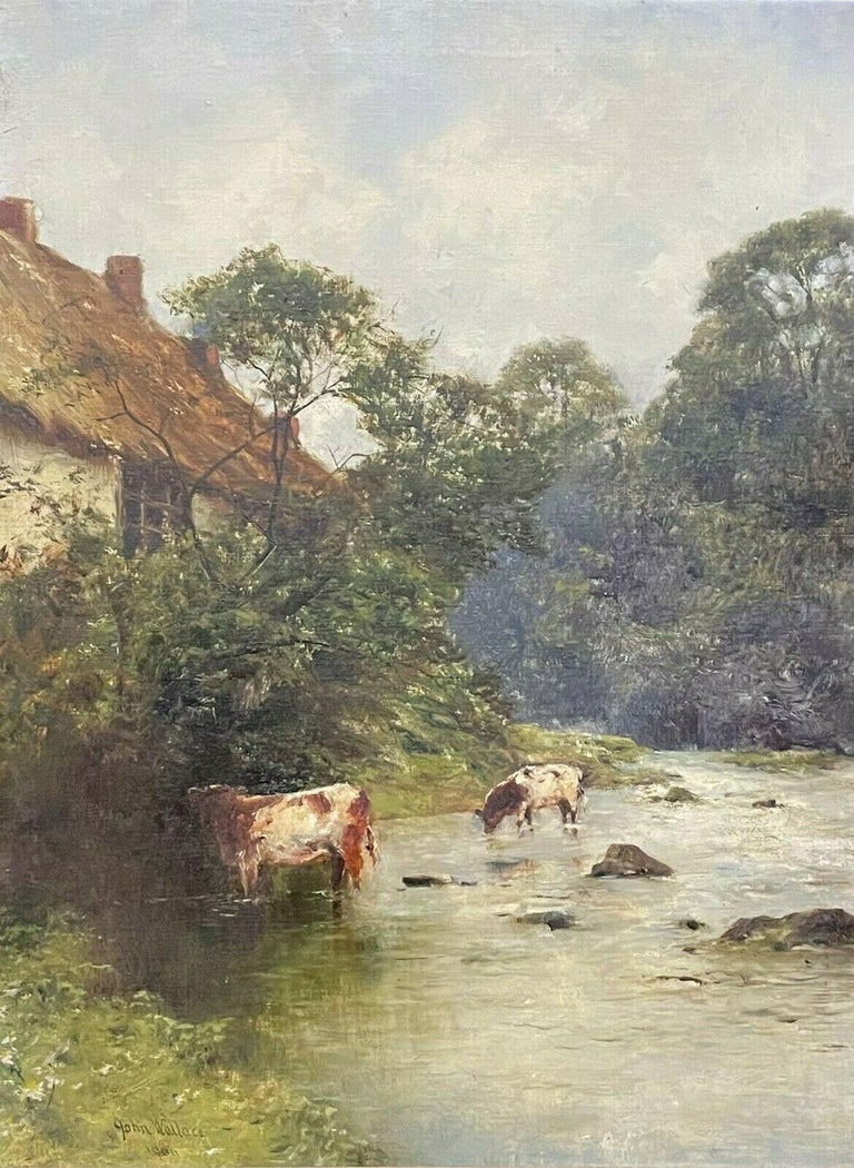 John Wallace - John Wallace (1841-1905) Signed Antique Oil - Cattle Watering from Stream - 1904 ...
