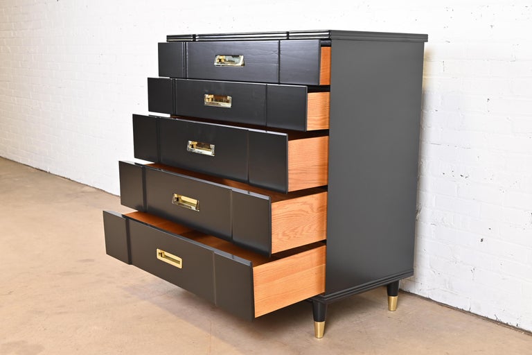 John Widdicomb Hollywood Regency Campaign Black Lacquered Highboy ...