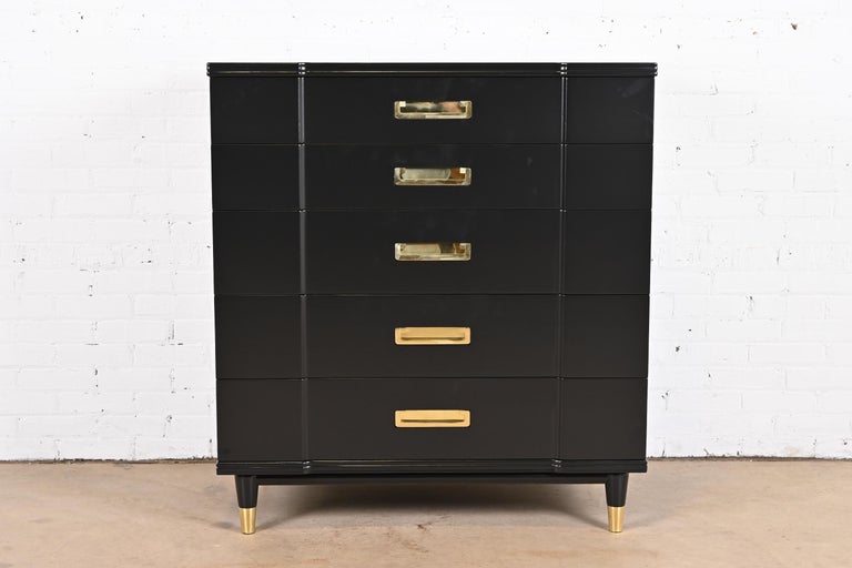 John Widdicomb Hollywood Regency Campaign Black Lacquered Highboy ...