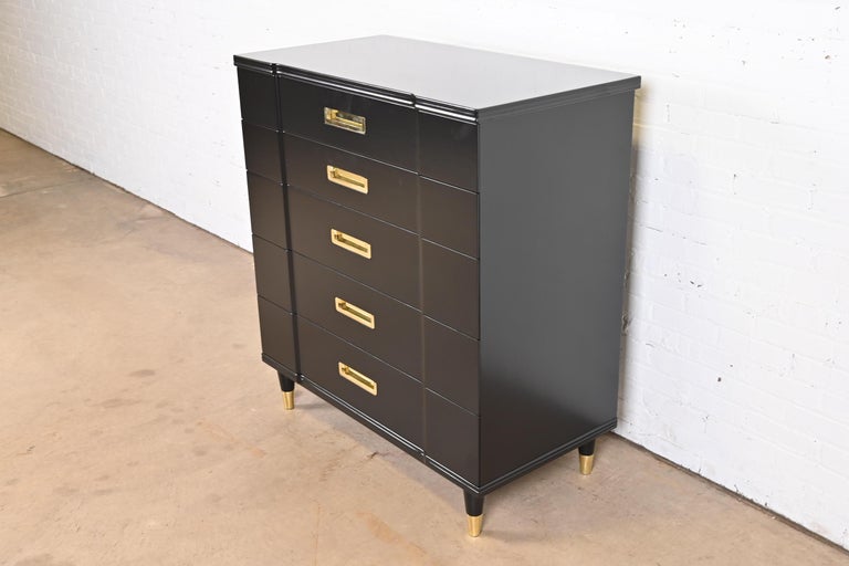 John Widdicomb Hollywood Regency Campaign Black Lacquered Highboy ...