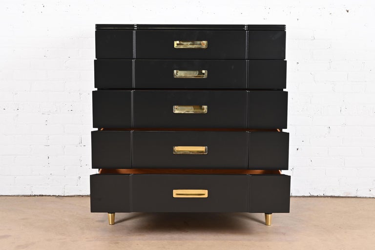 John Widdicomb Hollywood Regency Campaign Black Lacquered Highboy ...