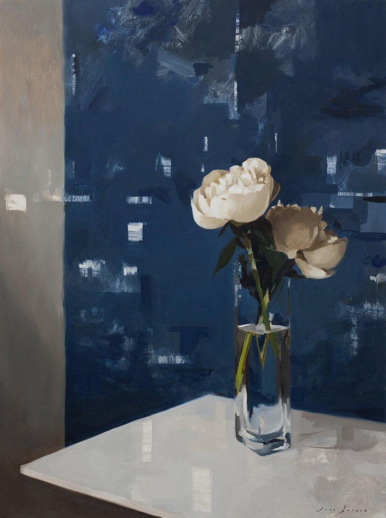 Jon Doran - "Two White Peonies and Dark Blue" Oil Painting For Sale at ...