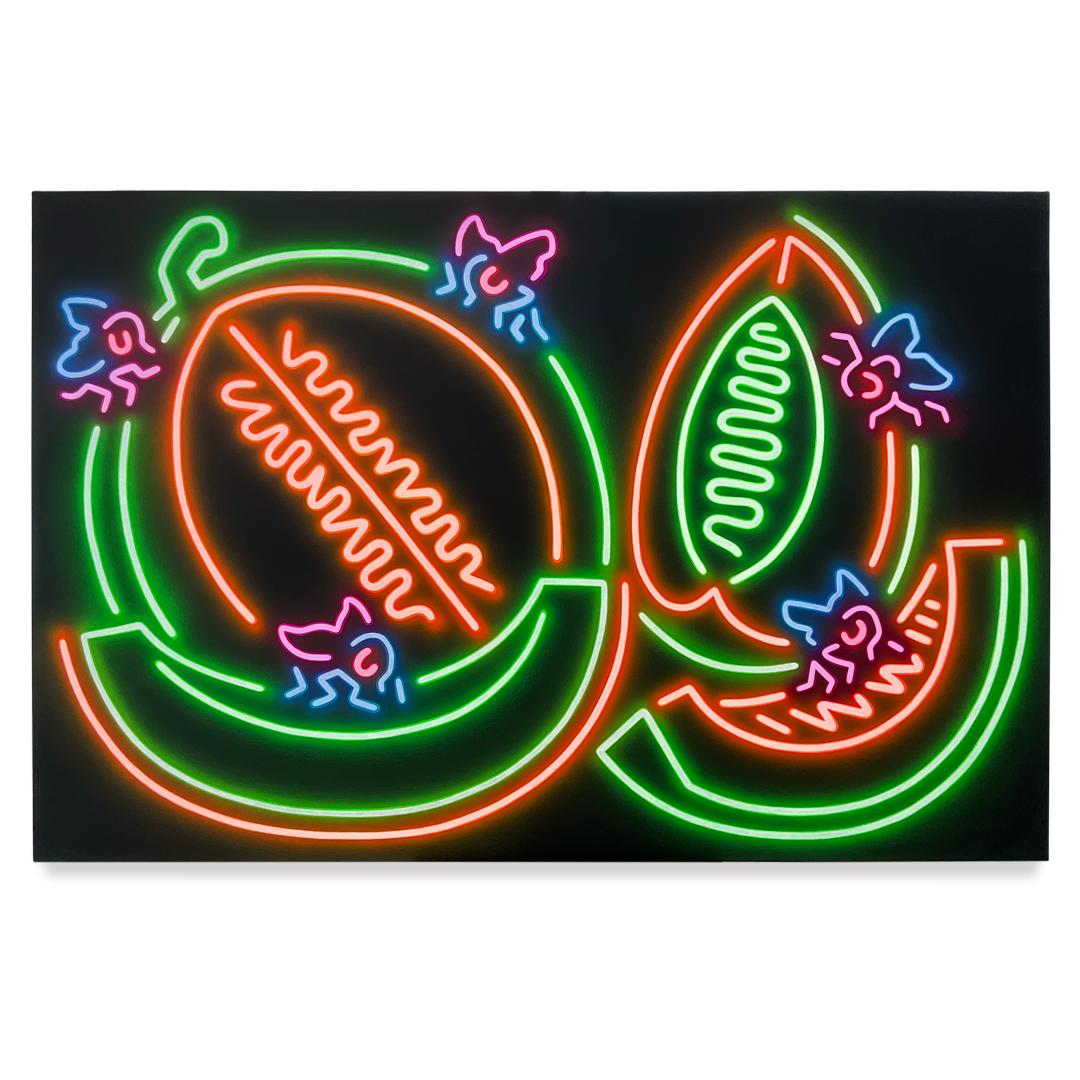 Jonathan Peck - Skull, Fruit, Flies - Neon painting, Memento Mori Still ...