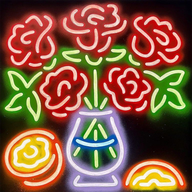 Jonathan Peck – Obst- und Blumen (Rosen) – Neon-Stillleben im Angebot ...