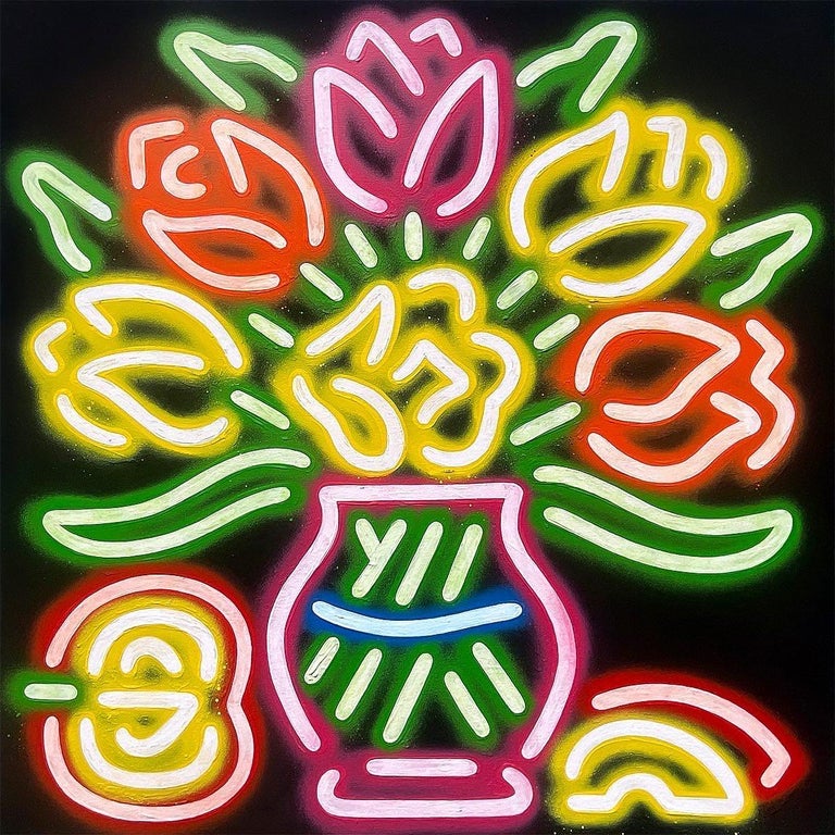 Jonathan Peck - Fruit and Flowers (Lilies) - Neon Still-Life Painting For Sale at 1stDibs