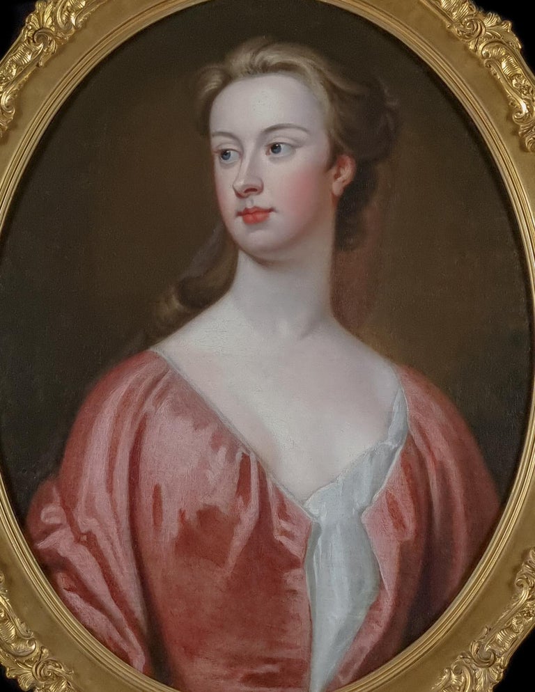 Pair (2) of English Portraits, Lady in Blue Dress and Lady in Red Dress ...