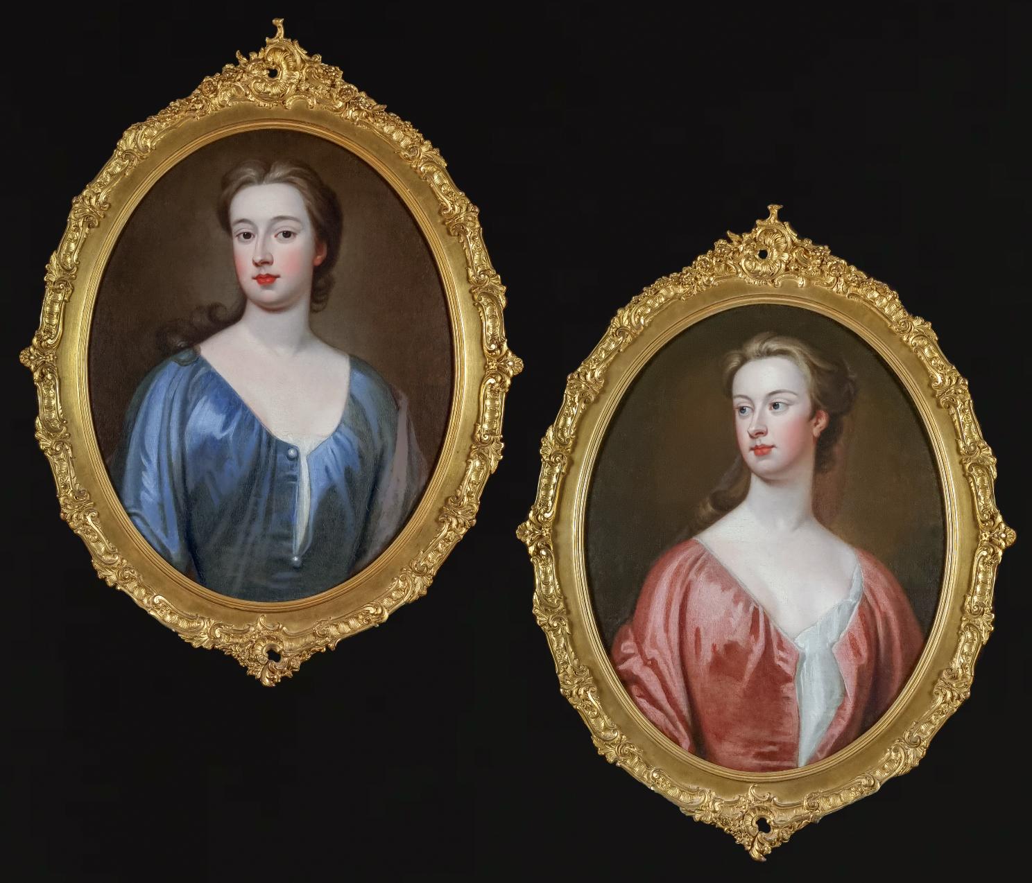 Pair (2) of English Portraits, Lady in Blue Dress and Lady in Red Dress ...
