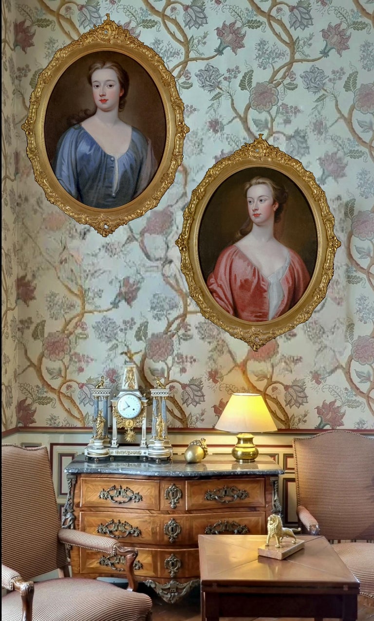 Pair (2) of English Portraits, Lady in Blue Dress and Lady in Red Dress ...