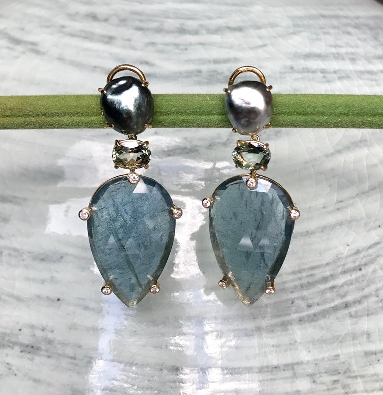 Joon Han Aquamarine Tahitian Pearl Tourmaline Diamond 18K Gold Drop ...