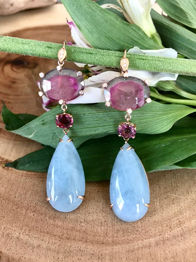 Joon Han Bicolor Tourmaline Aquamarine Spinel Diamond 18K Gold Drop ...