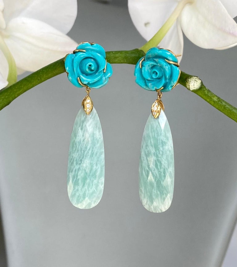 18 Karat Yellow Gold Carved Turquoise Flowers Amazonite Diamond Dangle ...