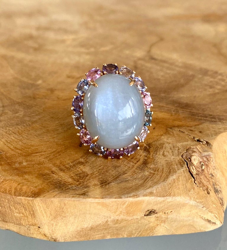 18 Karat Rose Gold Cats Eye Cabochon Moonstone Spinel Cocktail Ring For ...