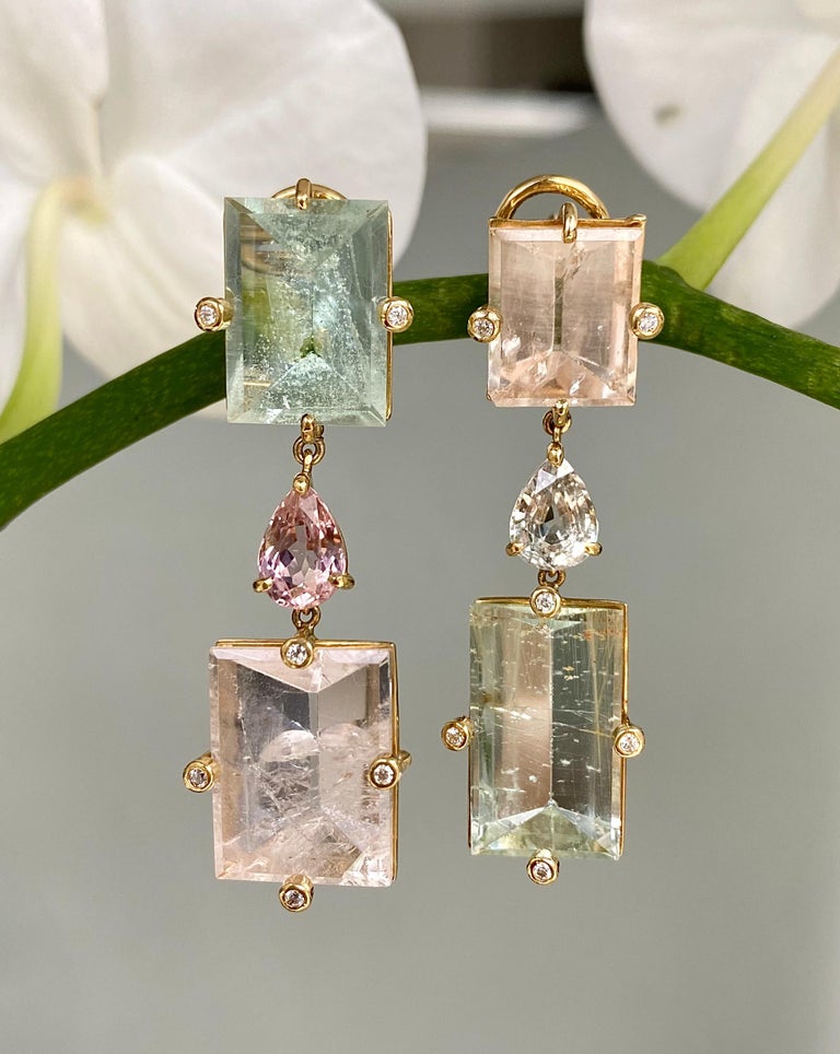 18 Karat Yellow Gold Mirror Cut Beryl Morganite Sapphire Diamond Drop ...