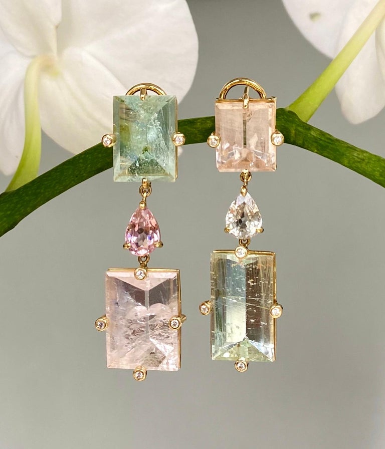 18 Karat Yellow Gold Mirror Cut Beryl Morganite Sapphire Diamond Drop ...