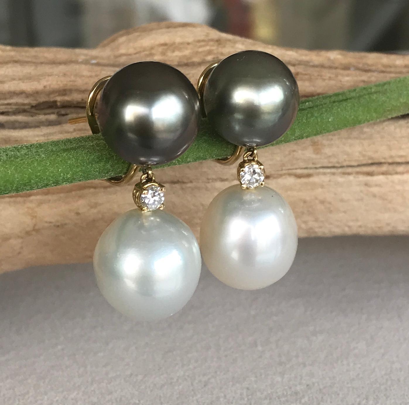 Joon Han South Sea Tahitian Multicolor Pearl Diamond 18K Gold Drop ...