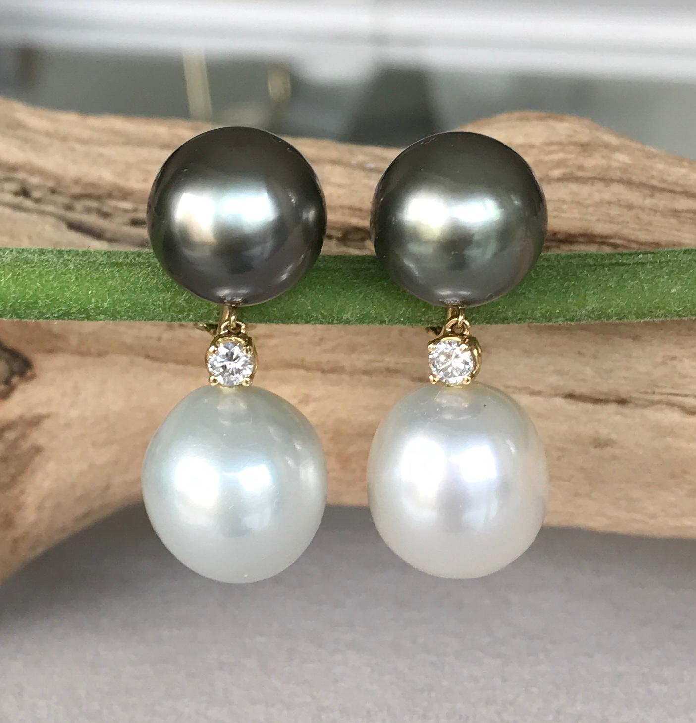 Joon Han South Sea Tahitian Multicolor Pearl Diamond 18K Gold Drop ...