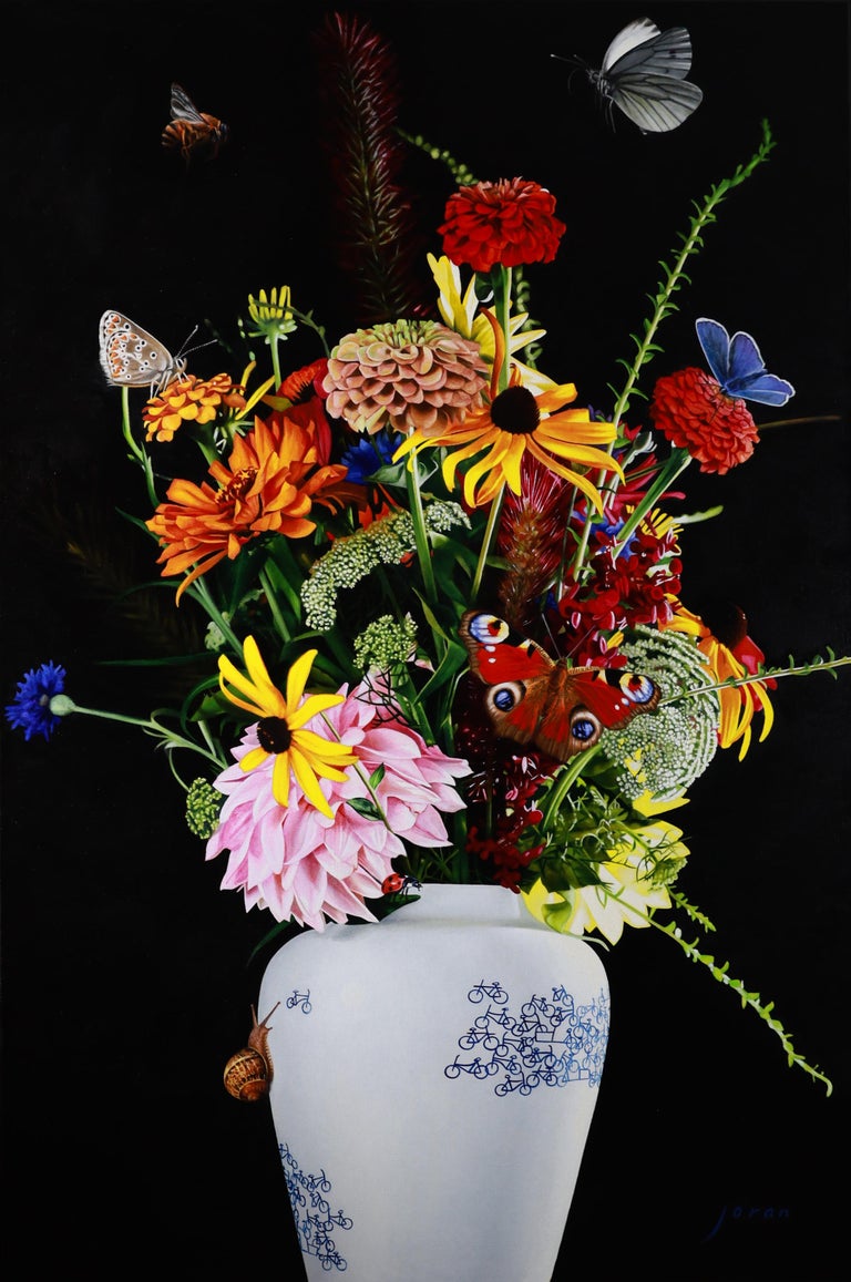 Joran van der Haar - Flowers in Delft blue vase with bicycles -21st Century hyper Realistic ...