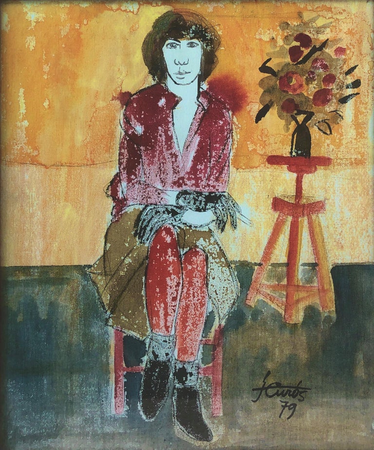 Jordi Curos - woman smoking mixed media painting For Sale at 1stDibs