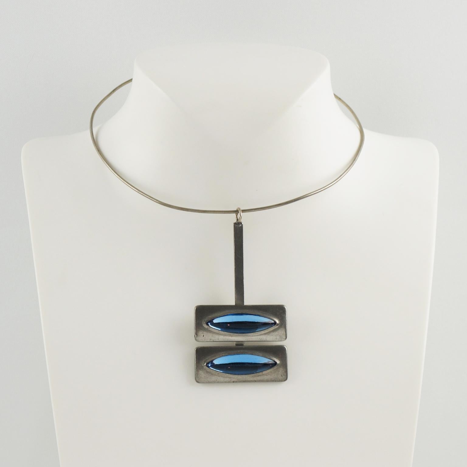 Jorgen Jensen Space Age Pewter Collar Necklace with Blue Glass Cabochon ...