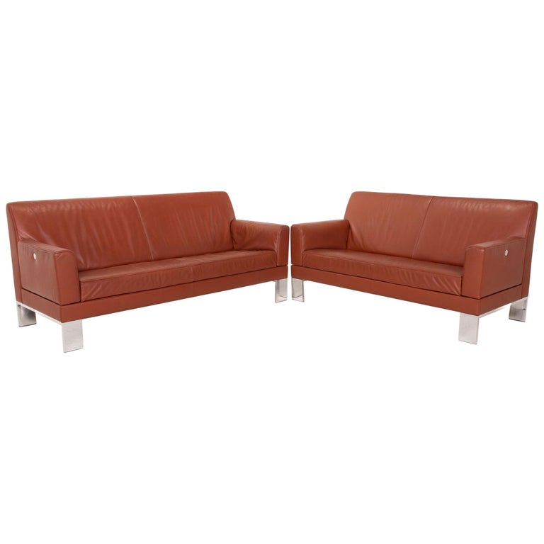 JORI Glove Leather Sofa Set Red Rust Red 1x Three-Seater 1x Two-Seater ...