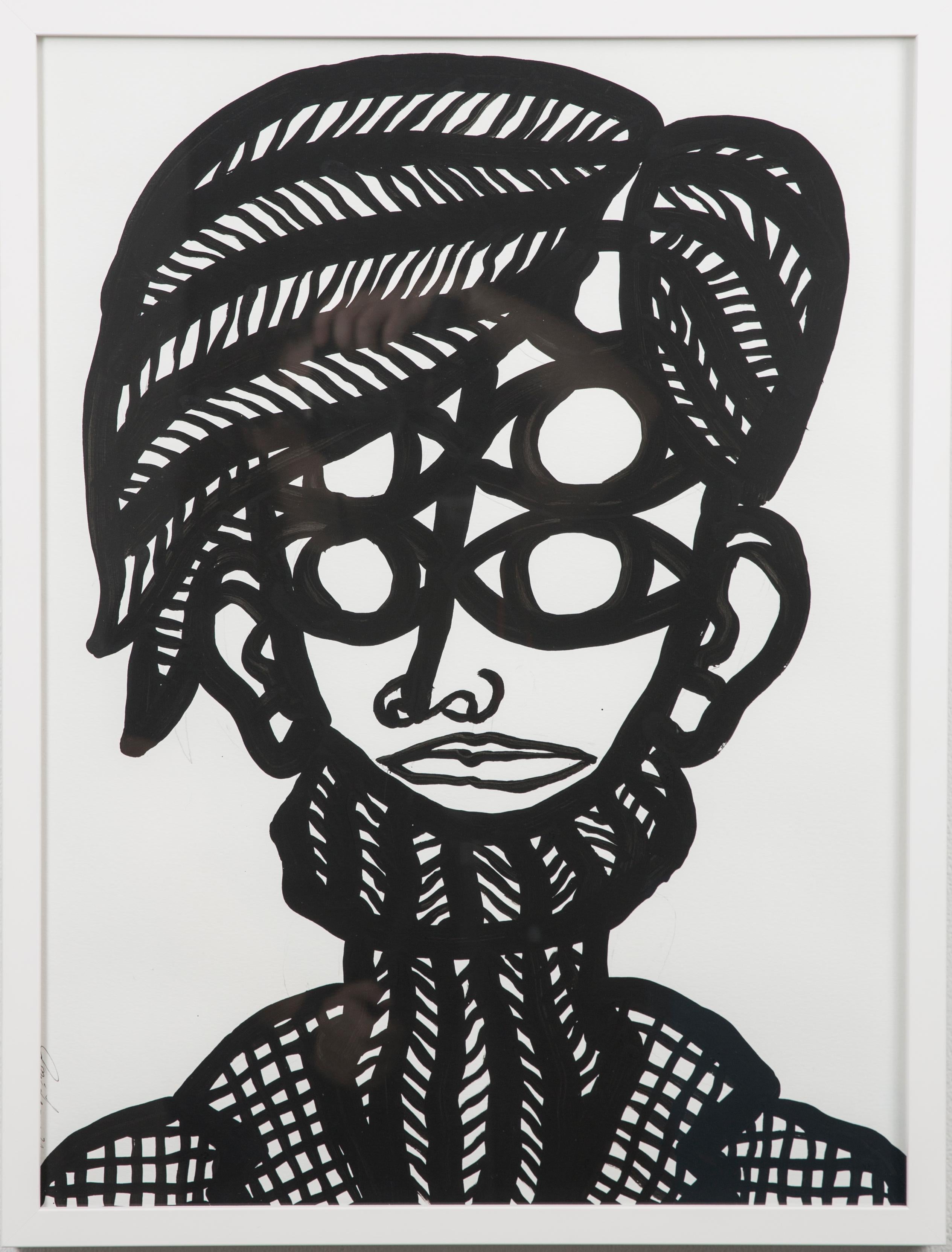 José Lerma - PORTRAIT V- Acrylic and Ink Portrait Painting, Black and ...