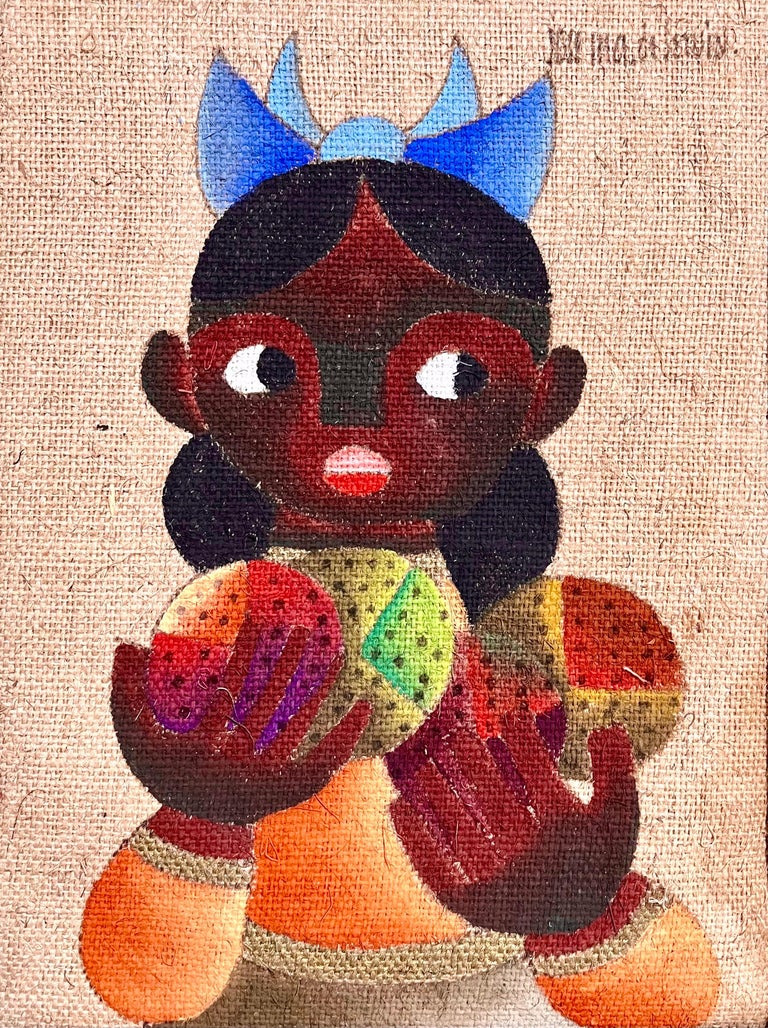 Jose Maria de Servin - Folk Art Mexican Girl Oil Painting on Burlap ...