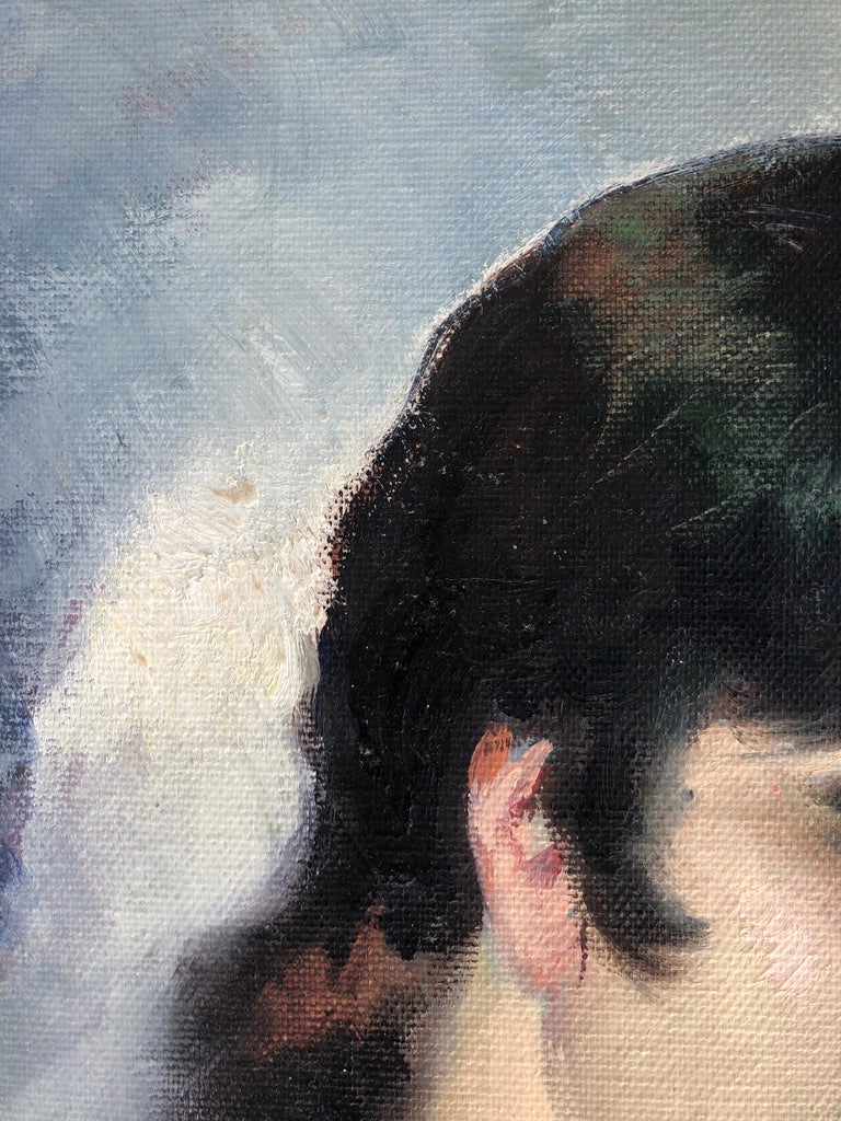 Jose Puyet - In the dresser oil on burlap painting woman portrait at ...