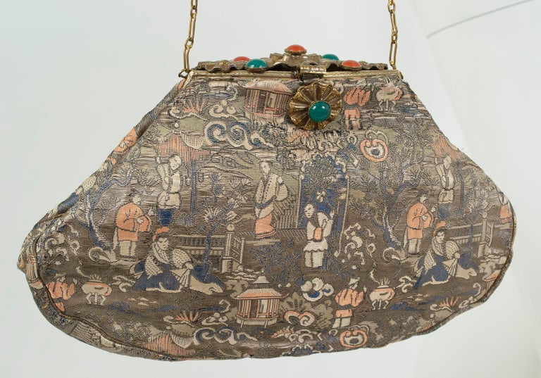 Josef Attrib. Silk Brocade Chinoiserie Handbag w Cabochon Studded Flap ...