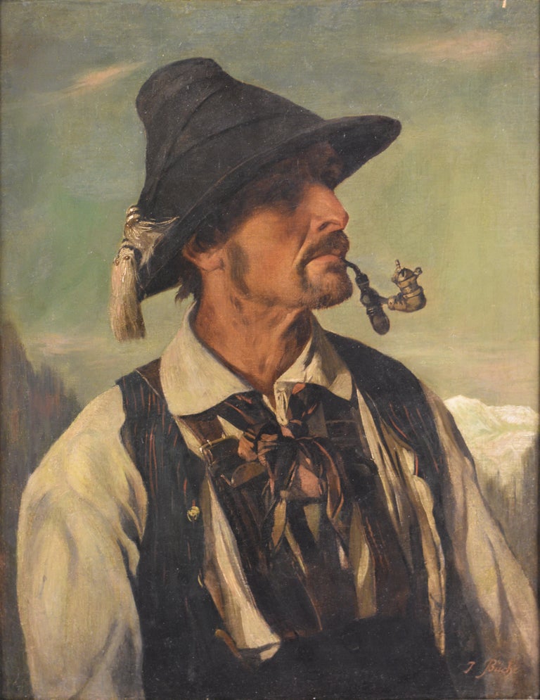 Josef Büche - Austrian portrait of a Tyrolean with a hunter's pipe ...