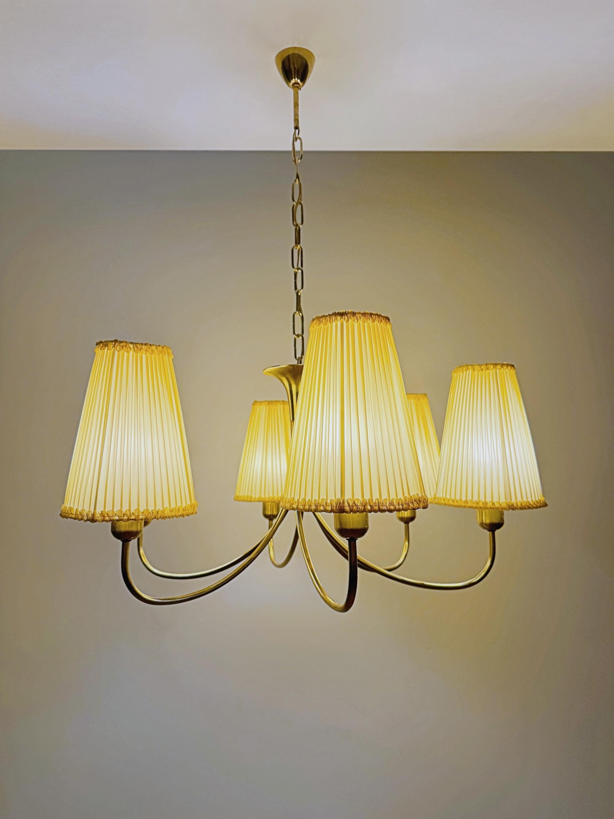 Josef Frank Polished Brass Six Light Chandelier, Genuine Shades, 1950s ...