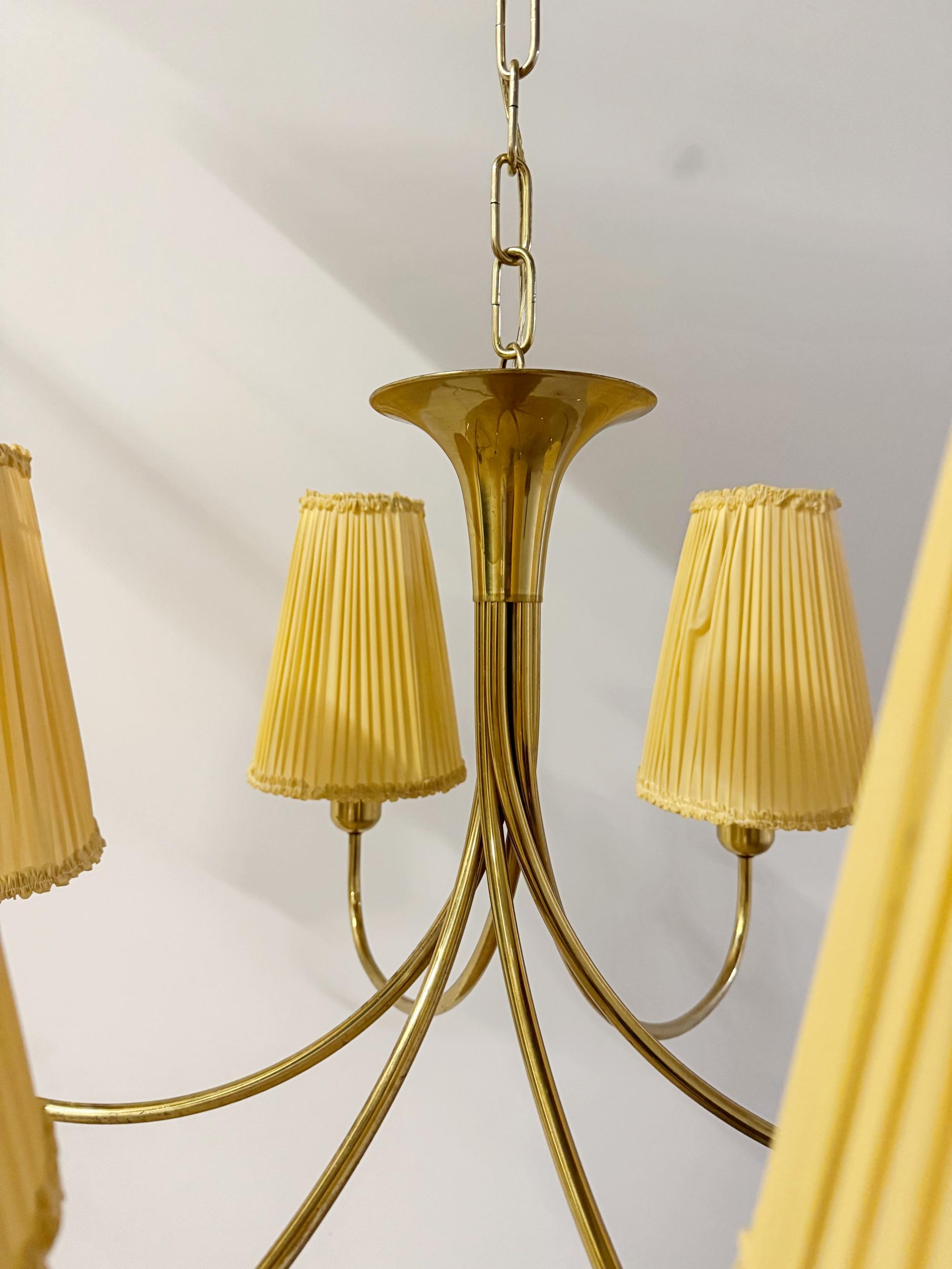 Josef Frank Polished Brass Six Light Chandelier, Genuine Shades, 1950s ...