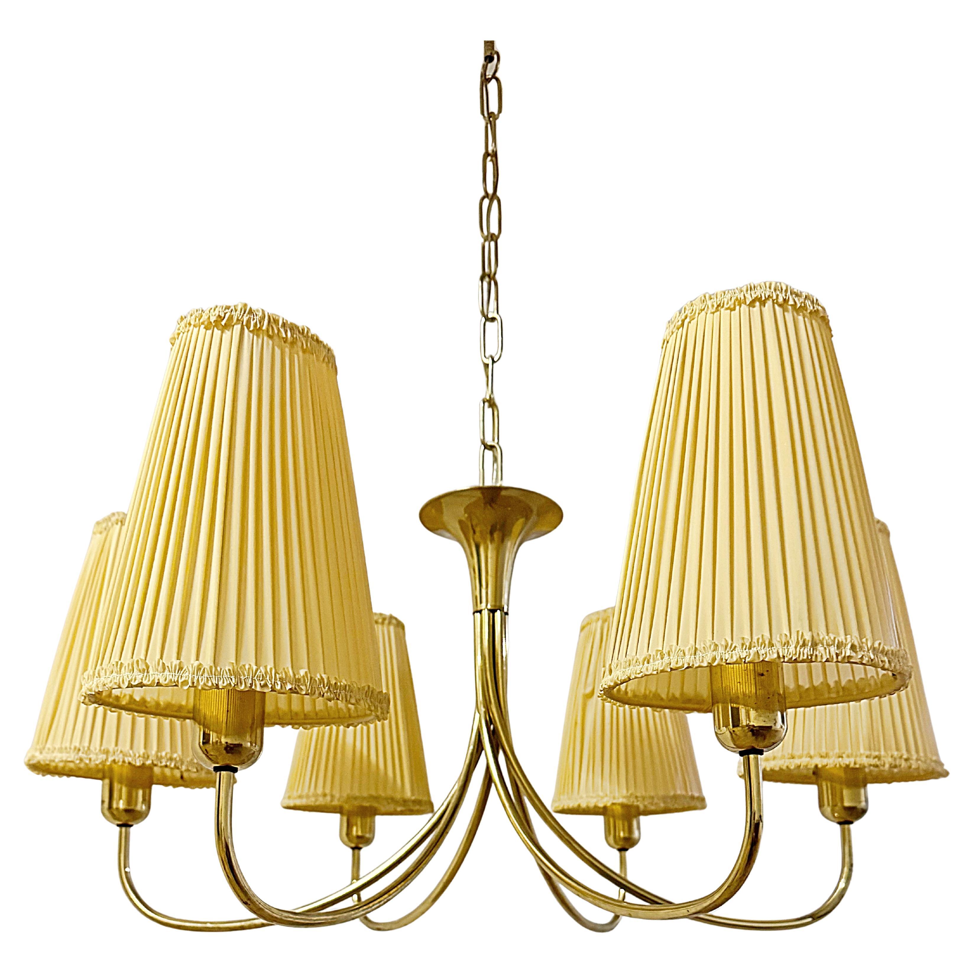 Josef Frank Polished Brass Six Light Chandelier, Genuine Shades, 1950s ...