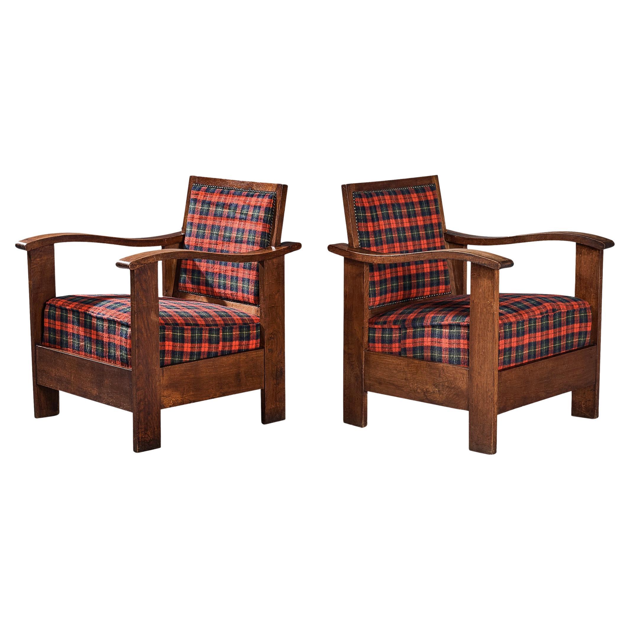 Josep Palau Oller Spanish Pair of Armchairs in Oak and Tartan Wool For ...