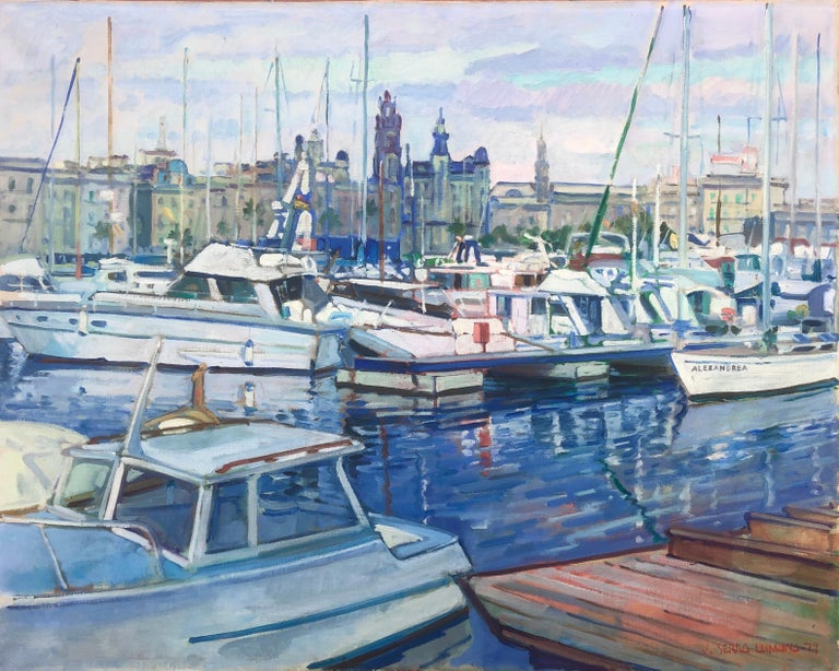 Josep Serra Llimona - Barcelona nautical port Spain oil on canvas ...