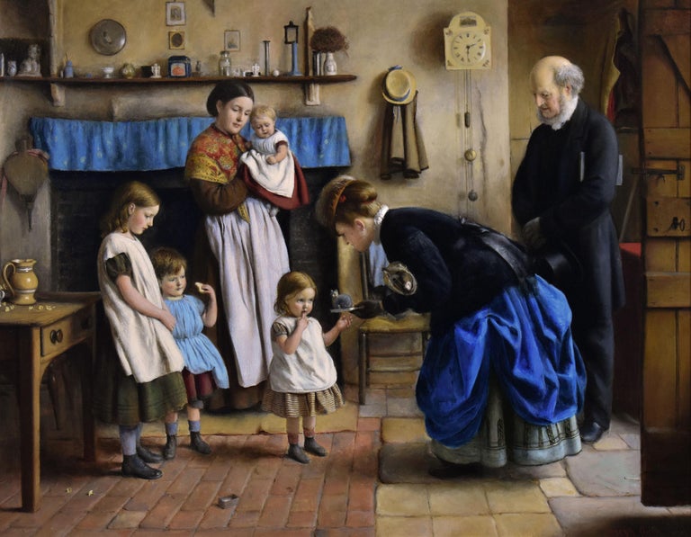 Joseph Clark - 19th Century genre oil painting of a family receiving ...