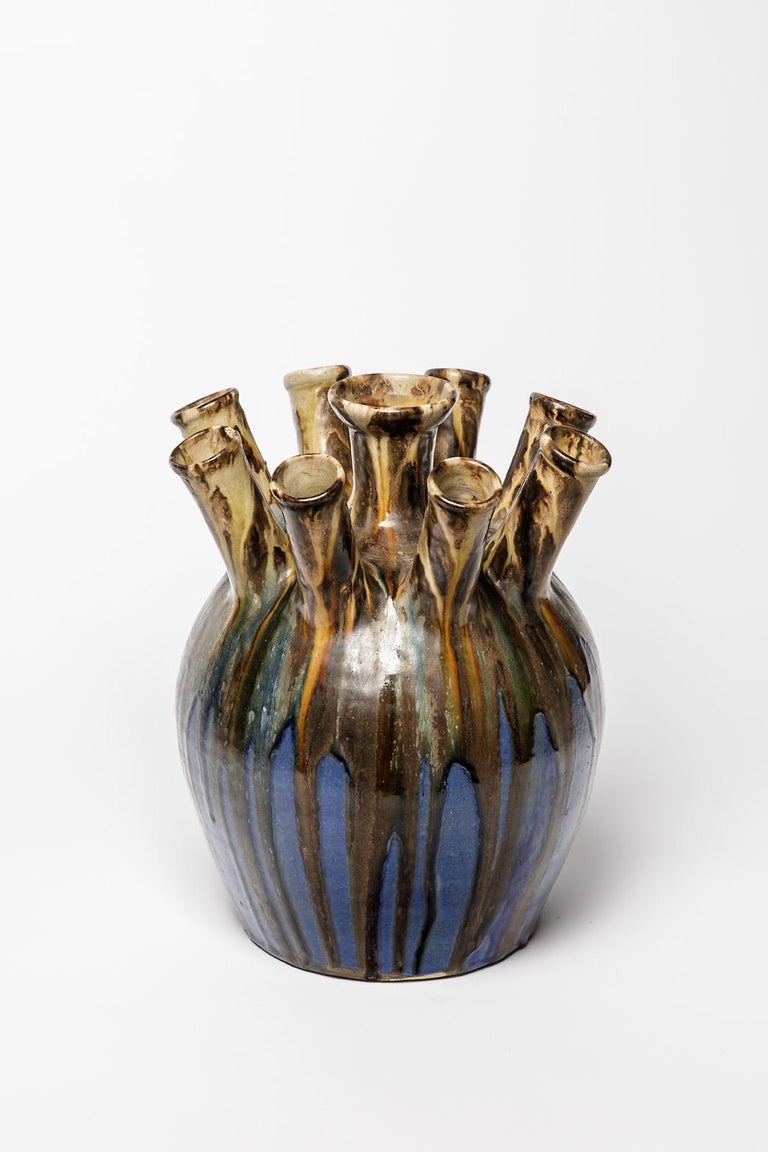 Joseph Talbot La Borne vase en céramique bleu et marron du XXe siècle ...