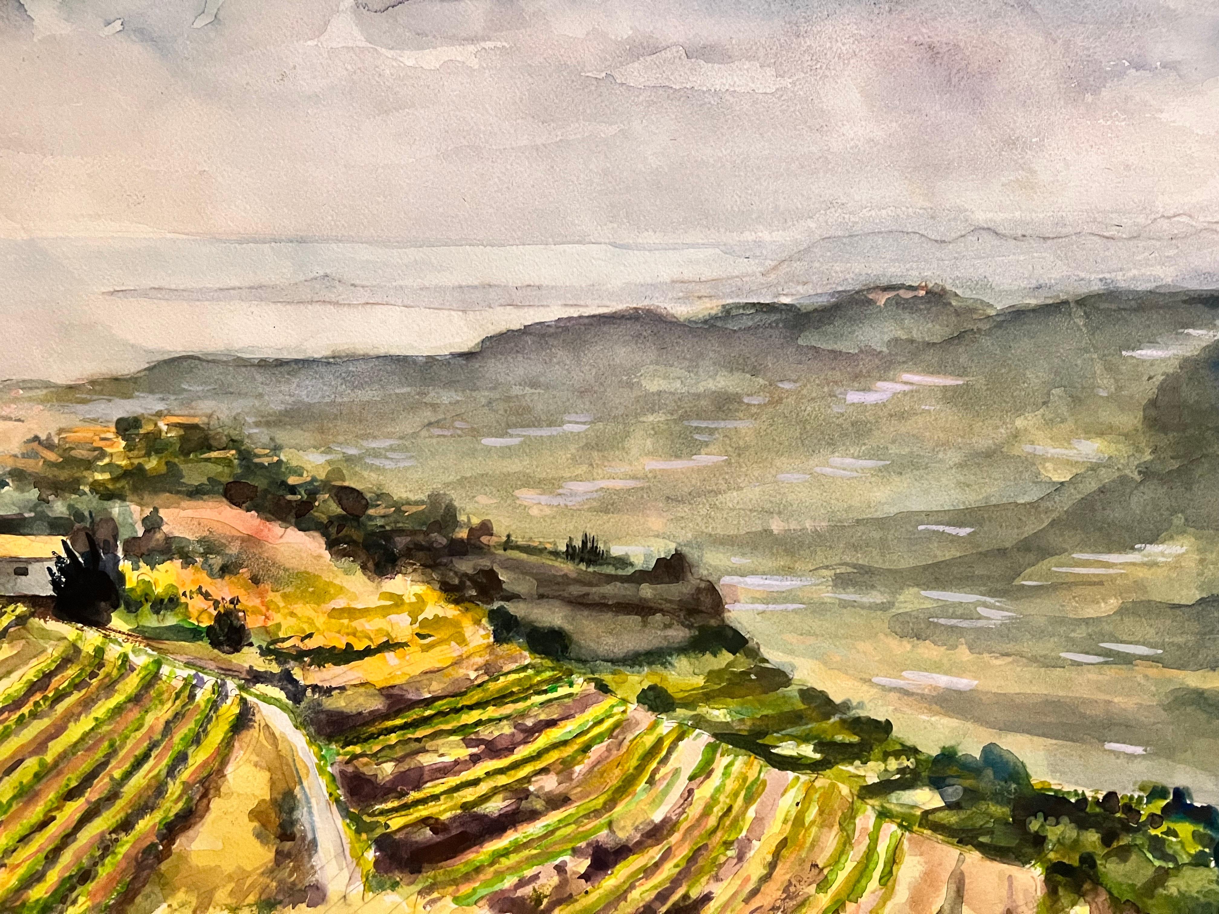 Josine Vignon - Cloudy Grey Skies Over Provence Vineyard Watercolor ...