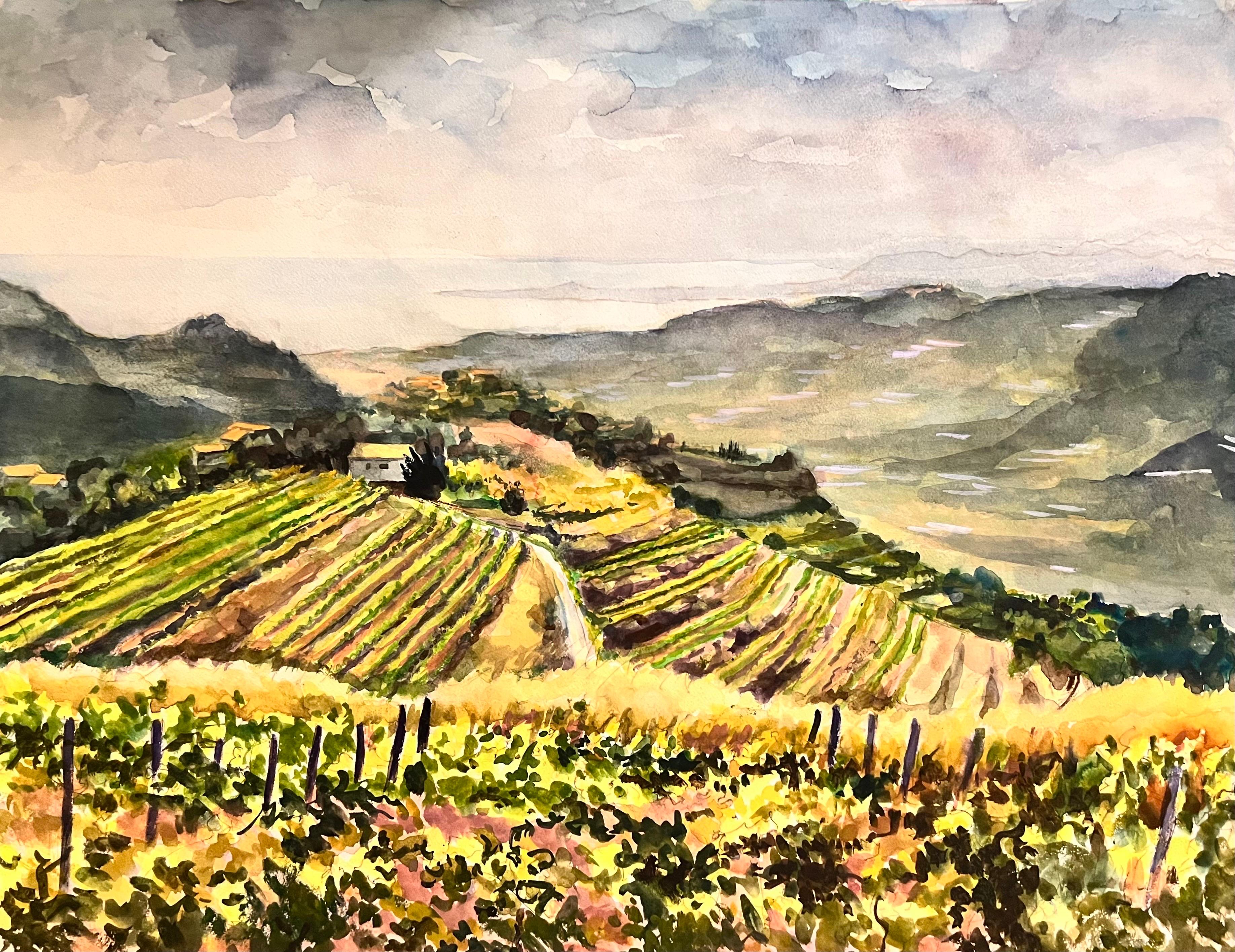 Josine Vignon - Cloudy Grey Skies Over Provence Vineyard Watercolor ...