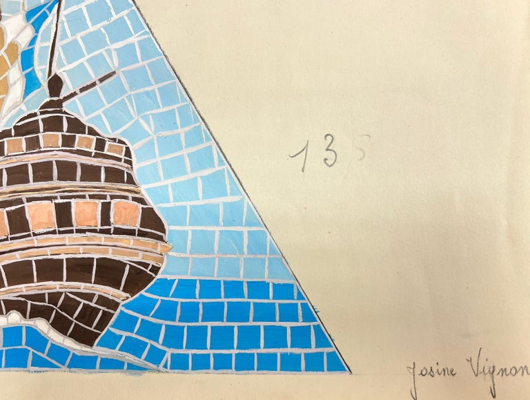 Josine Vignon - Mid Century French Illustration Sketch Of A Mosaic Ship ...